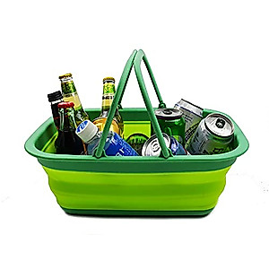 SAMMART 9.2L (2.37Gallon) Collapsible Tub with Handle - Portable Outdoor Picnic Basket/Crater - Foldable Shopping Bag - Space Saving Storage Container (1, Dark Green/Fluorescent Green)