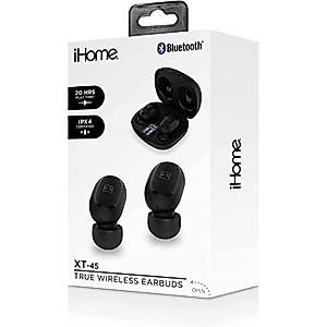 iHome XT-45 True Wireless Earbuds with Rechargeable Travel Case, Bluetooth Earphones with Microphone and Touch Control, Black