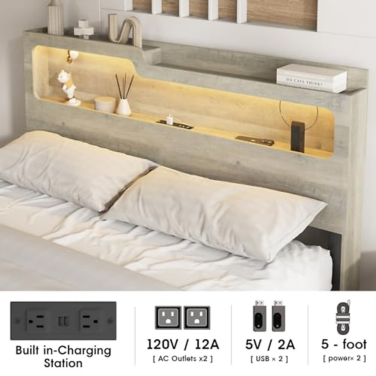 Fameill Full Size Bed Frame with 2-Tier Headboard, Metal Platform Bed Frame RGB Led Lights with Charging Station, No Box Spring Needed, Noise Free