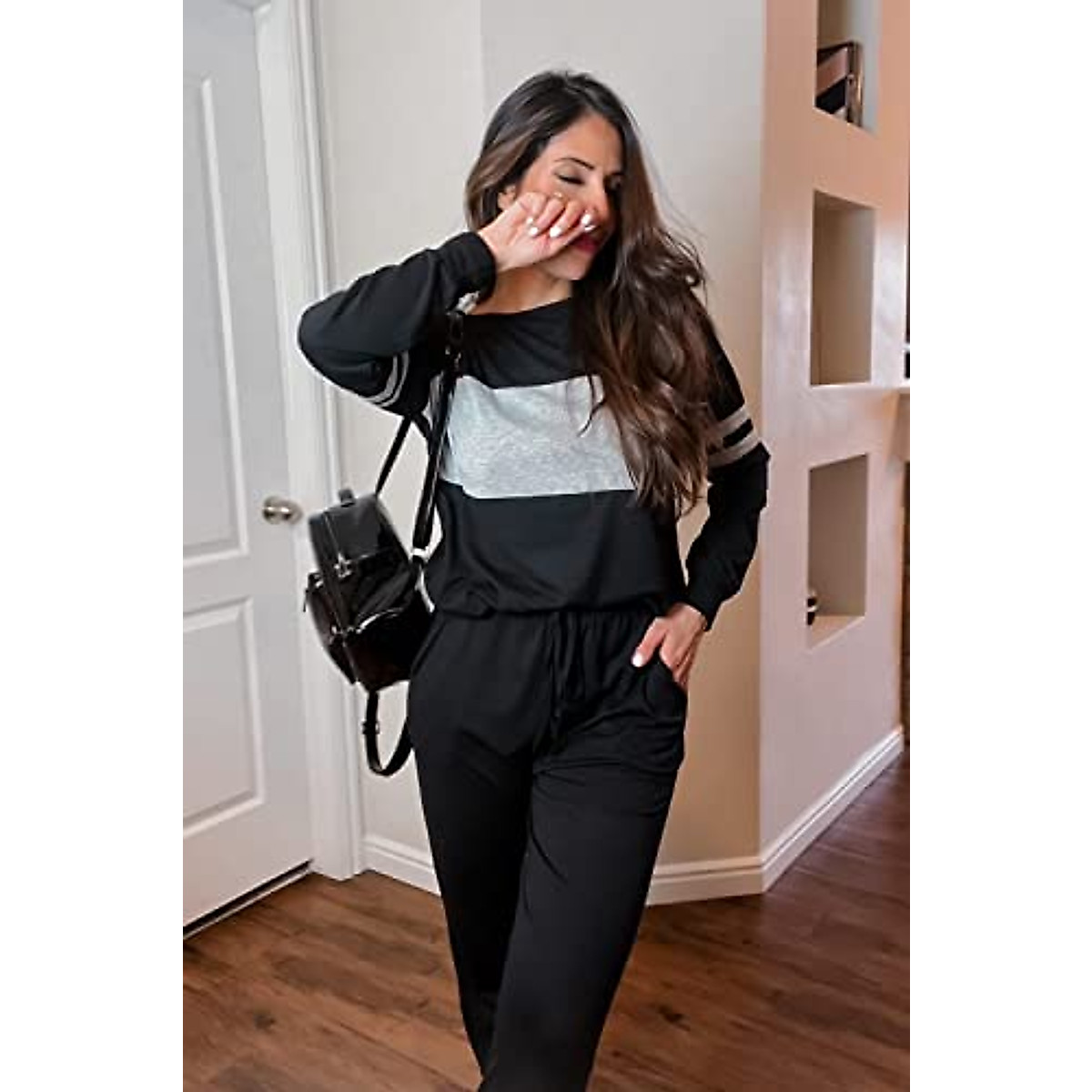 PRETTYGARDEN Women's Color Block 2 Piece Tracksuit Crewneck Long Sleeve Tops Long Sweatpants Outfits Lounge Sets(Black,Small)