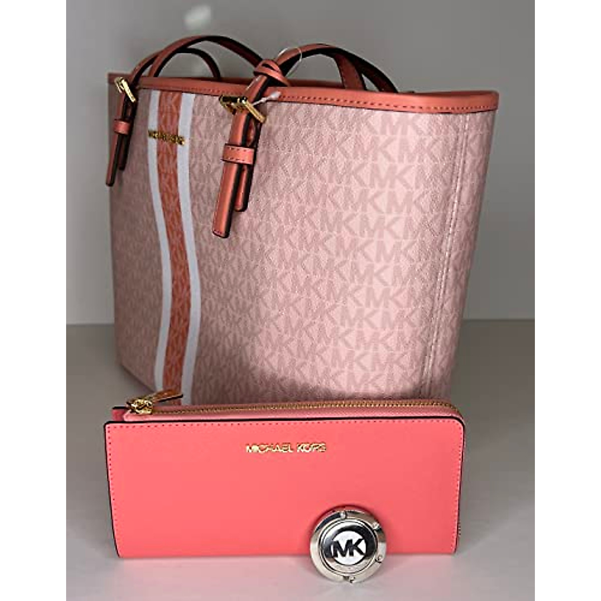Michael Kors Jet Set Travel MD Carryall Tote bundled with Large Continental Wristlet Wallet Purse Hook (Signature MK Sherbert/Grapefruit)