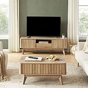 mopio Brooklyn Mid-Century Modern Lift Top Coffee Table, Waveform Panel with Hidden Storage, Sleek Curved Profile Lift Tabletop Dining Table (Golden Oak, Coffee Table)