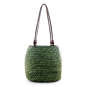 QTKJ Women Retro Bucket Straw Bag Handwoven Rattan Beach Tote Shoulder Bag with Brown Bead (Green)