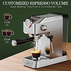 MR MIRYE Espresso Machine, 20 Bar Stainless Steel Espresso Maker Silver Coffee Machine for Home or Office With Removable Water Tank, Measuring Spoon, Brewing Filter, Milk Cup, Milk Frother Steam Wand