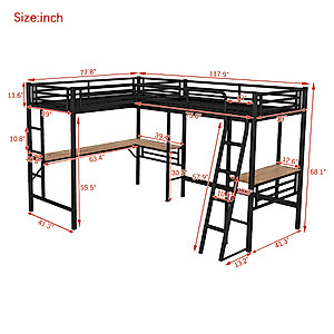MERITLINE Metal Twin Size L-Shaped Loft Bed, Twin Size Loft Bed Frame with Two Built-in Desks Underneath for Kids Boys Teens, Black