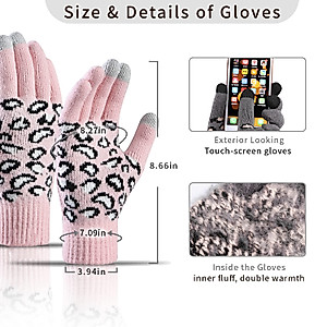 ecodudo 3 Pieces Beanie Hat Long Scarf Touch Screen Gloves Set Leopard Print Skull Cap with Pom Warm Acrylic Lined Scarf and Glove for Women (Pink)