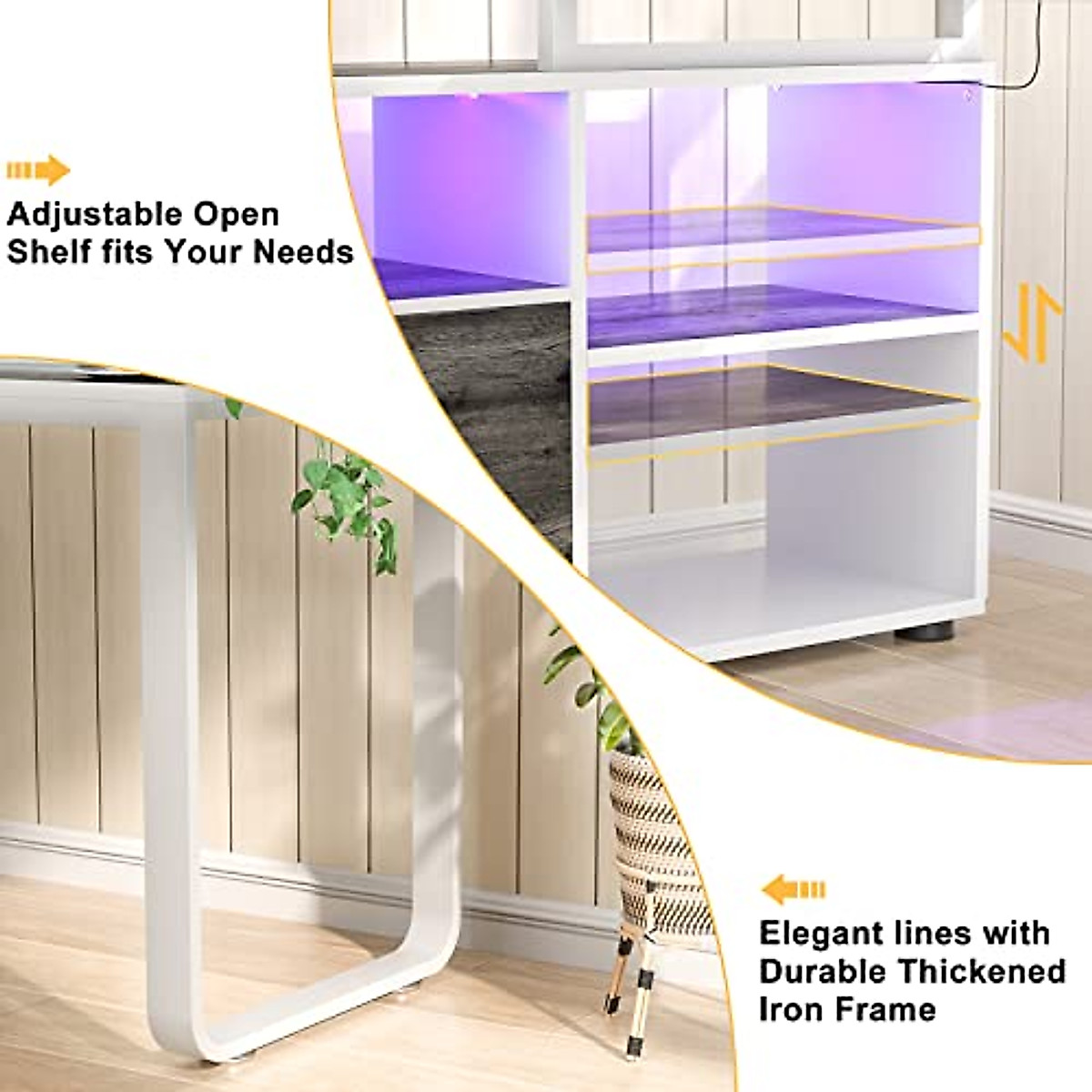 Homieasy L Shaped Desk with File Cabinet & Power Outlet, 55 Inch Large Corner Computer Desks with LED Strip, L-Shaped Computer Desk with Drawers and Storage Shelves for Home Office, Grey & White