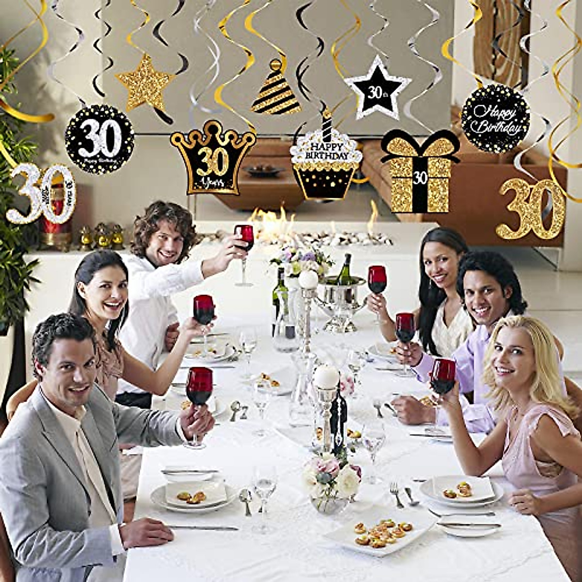 30 Count 30th Birthday Party Decorations, 30th Birthday Party Hanging Swirls Ceiling Decorations with Cutout Shiny Celebration Hanging Streamers Spirals Ornaments for Birthday Party Supplies