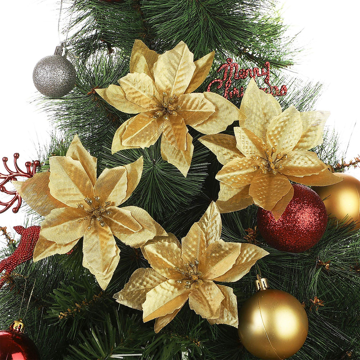 WILLBOND Glitter Christmas Tree Ornaments Artificial Wedding Christmas Poinsettia Flowers for Christmas Flowers Tree Wreaths Decor Ornament (30, Gold 1)