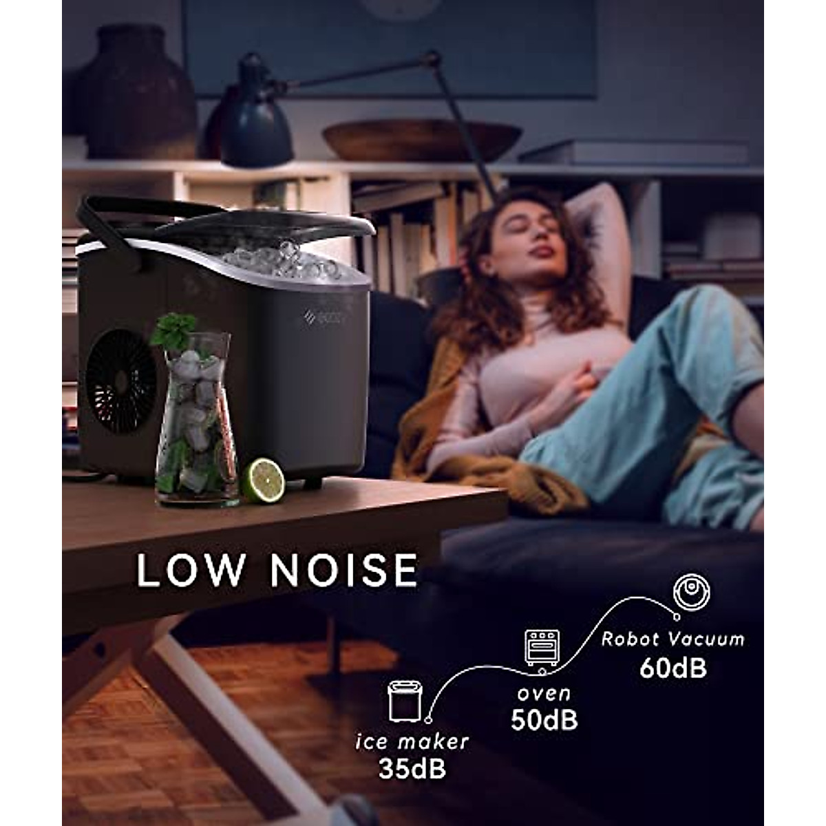 ecozy Portable Ice Maker Countertop, 9 Cubes Ready in 6 Mins, 26 lbs in 24 Hours, Self-Cleaning Ice Maker Machine with Ice Bags/Standing Ice Scoop/Ice Basket for Kitchen Office Bar Party, Black