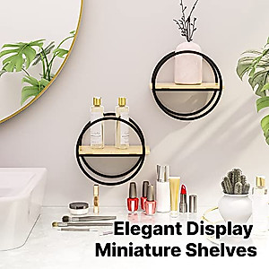 BENOLDY, Circle Mini - Luxury Varnished Pine Wood Floating Shelf - Black Metal Frame Mini Wall Decor Shelves for Bathroom, Living Room, Bedroom and Kitchen