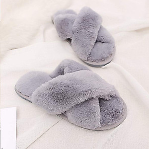 HUMIWA Gray Cross Slippers Fuzzy Fluffy Faux Fur House SPA Cute Open Toe Slippers for Women Girl/Women6-6.5 Men5.5-6