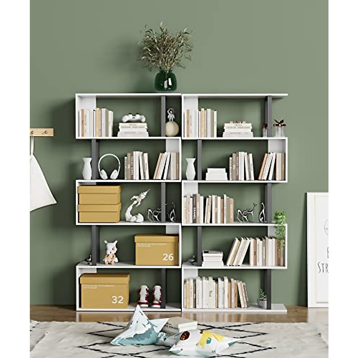 Gadroad 5 Tier Geometric Bookcase, Black and White Book Shelves, Modern Corner Bookcase Storage Shelf Wood for Living Room Home Office (White, 5 Tier)