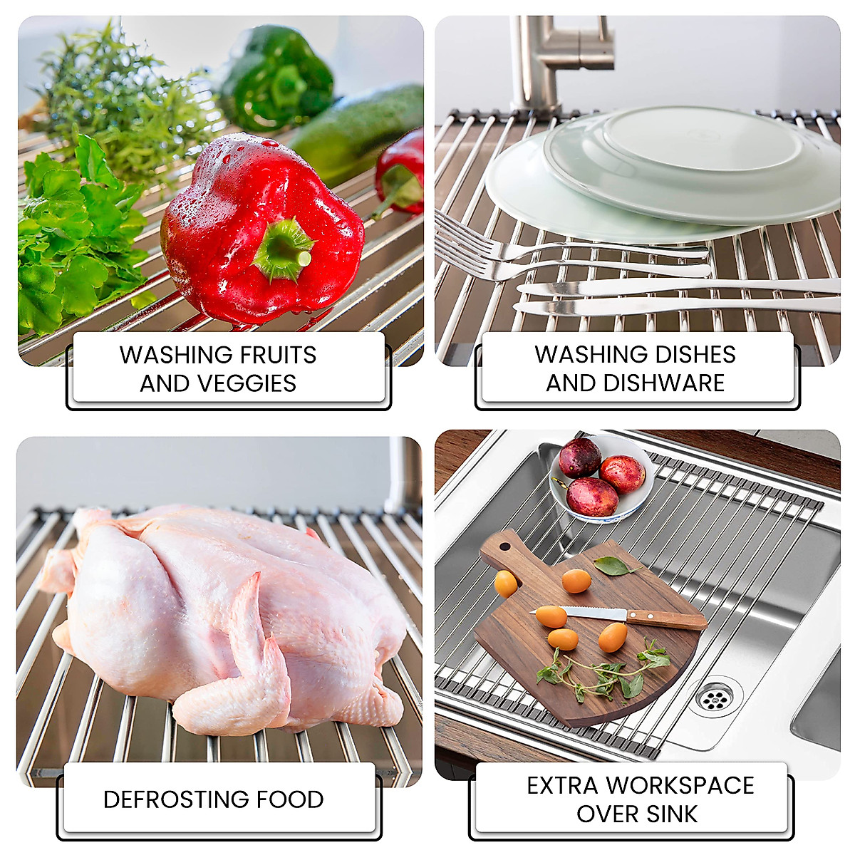 Breathe Essential | 17.5" x 13.8" Roll Up Dish Drying Rack - Over The Sink Caddy for Kitchen Counter, Folding Dish Mat, Foldable Stainless Steel Trivet Accessories