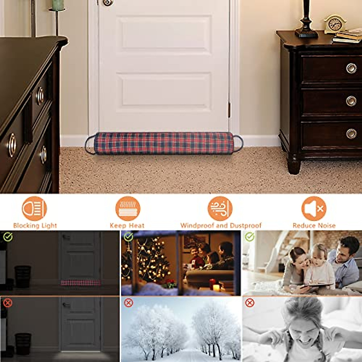 Triangle Under Door Draft Stopper 37 Inches Noise Blocker for Door Bottom Air Seal Insulation and Soundproof, Heavy Duty Weather Guard Snake Stripping, Tartan Check Navy Blue Red