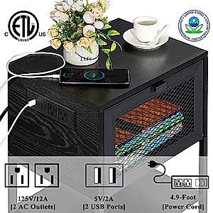 LEBOAHOUS Black Nightstands Set of 2 with Charging Station and USB Port, 3 Tier Industrial Night Stand, Bedside Table with Flip Storage Drawer and Open Shelf, End Side Table for Bedroom, Office, Dorm