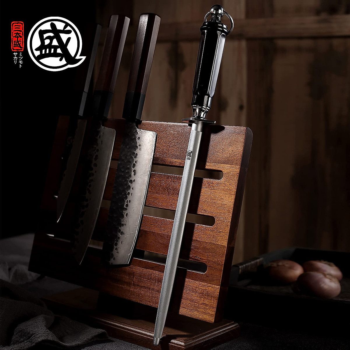 MITSUMOTO SAKARI 12 inch Japanese Diamond Honing Steel, Professional High Carbon Flat Knife Sharpener Rod, Kitchen Knife Sharpeners for Chef Knives, Honing Knife Blades, Pruning Shears