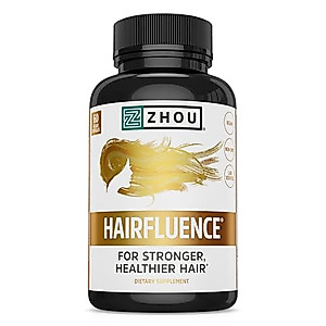 Zhou Hairfluence, Hair Growth Supplement with Clinically Studied Lustriva and Keranat and Hair Vitamins Biotin 5000mcg, Vitamin D, A, C & B12, Non-GMO, Gluten Free, 60 VegCaps