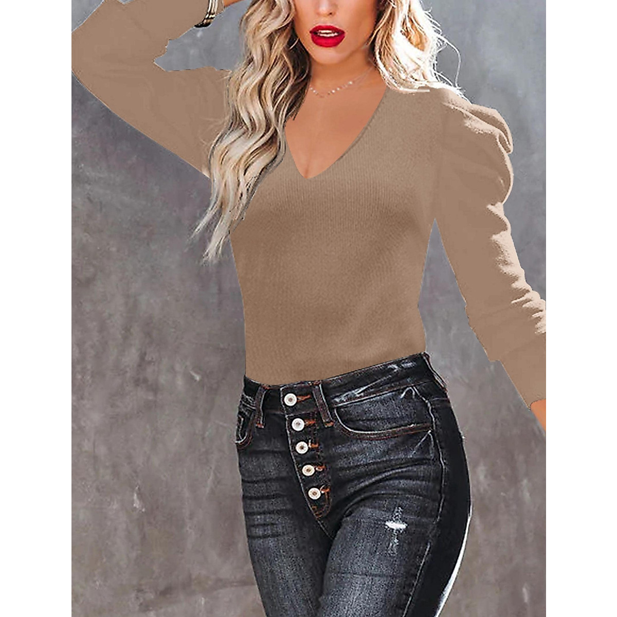 Amarmia Women's Long Puff Sleeve Knit Pullover Sweaters Casual V Neck Ribbed Solid Soft Slim Fit Sweater Blouse Tops Khaki