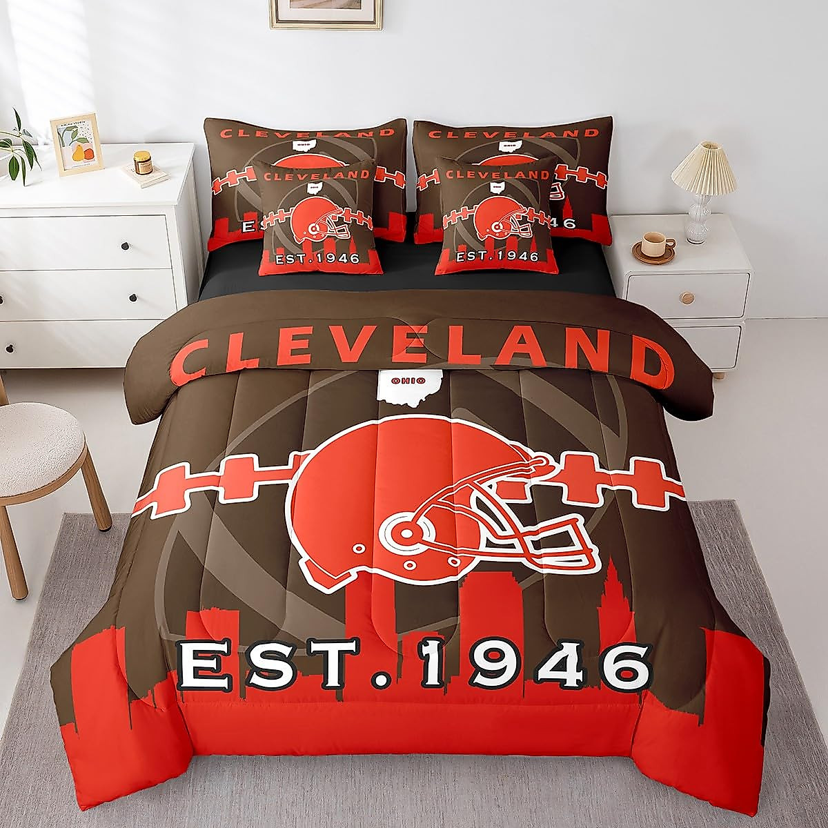 Erosebridal 7 Pcs Comforter Set Twin Size,Sports Bed in a Bag with Flat Sheet and Fitted Sheet for Kids and Adults,Football Lovers Bedding Set with Pillowcase and Sham(Cleveland)