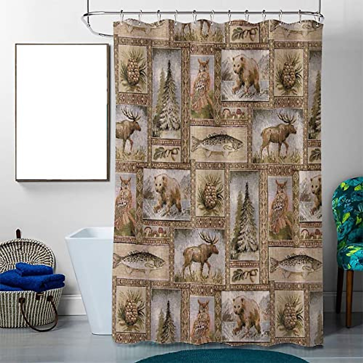Zmcongz Cabin Bathroom Sets with Shower Curtain and Rugs and Accessories Owl Fishing Moose Deer Bear Country Rustic with Non-Slip Rugs Toilet Lid Cover and Bath Mat Bathroom Decor Set, 72x72 Inch