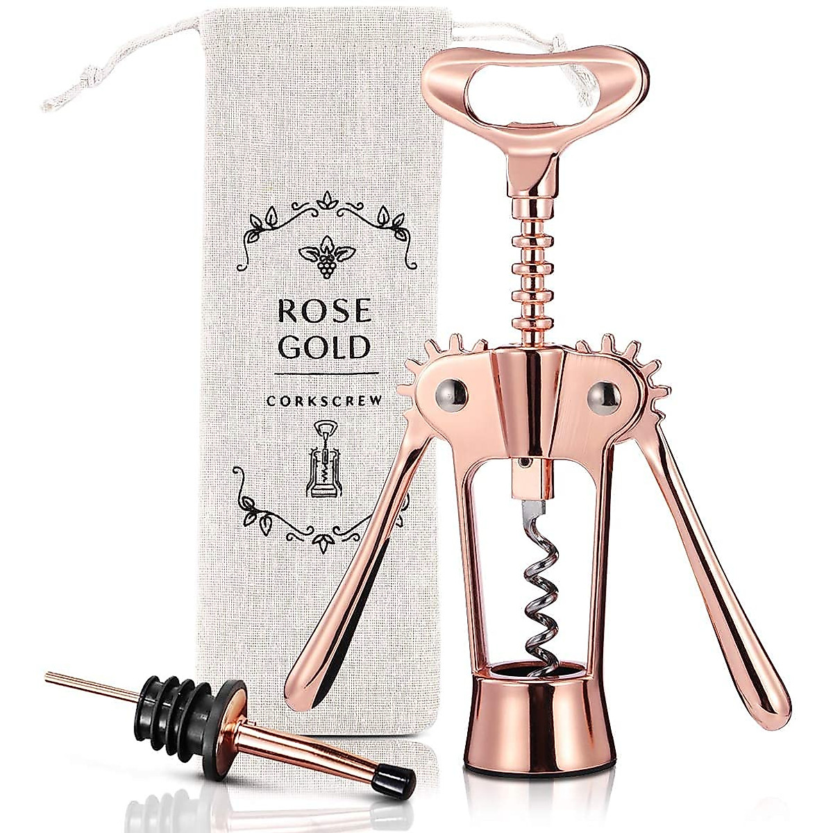 Wine Bottle Opener Wing Corkscrew, Godmorn Rose Gold Beer Bottle Opener with Wine Pourer, Cute Stainless Steel Winged Corkscrew, Pink Cork Screw Wine Accessories For Kitchen Bars Mothers Day Gift