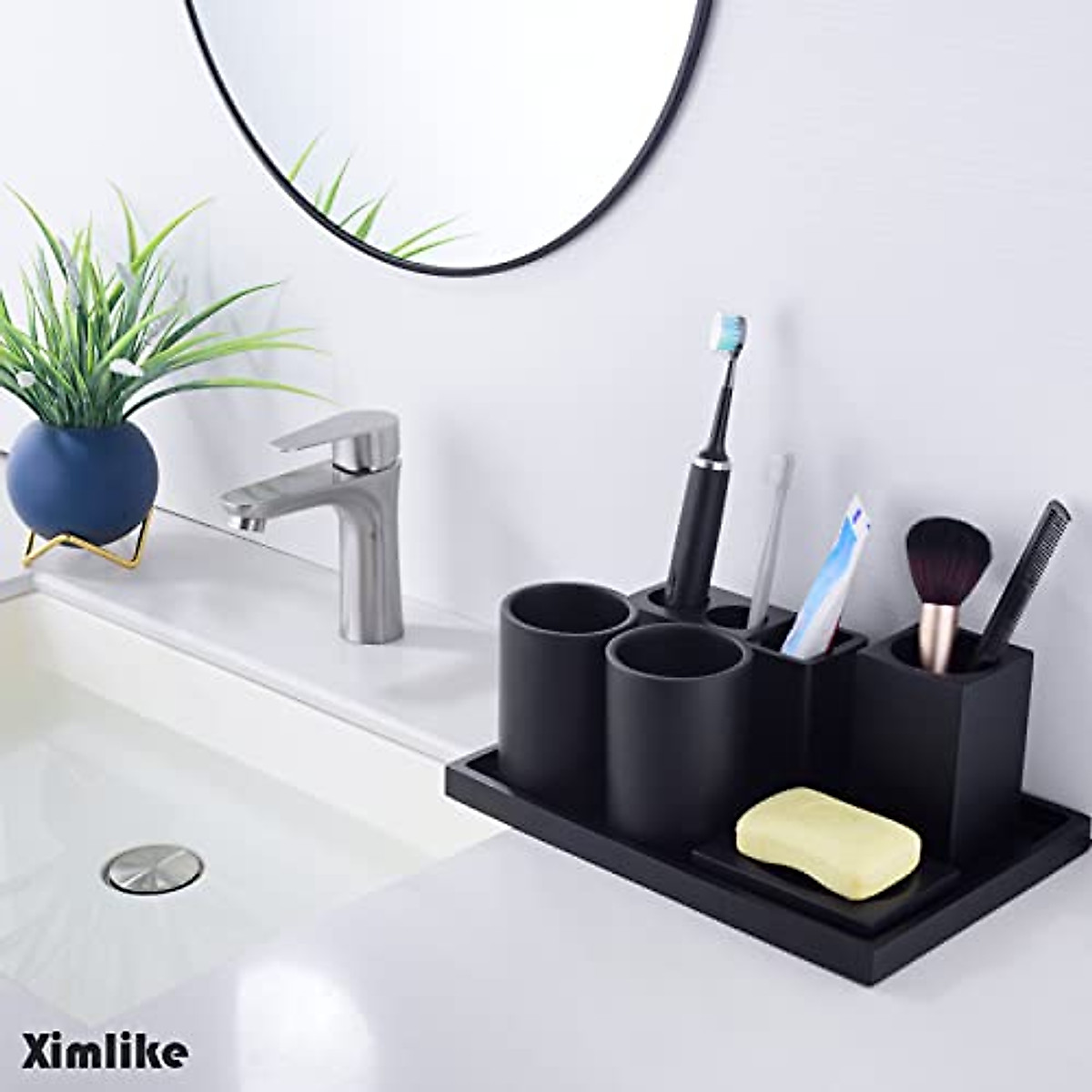 Ximlike Matte Black Bathroom Accessories Set 6 Pieces, Bathroom Accessory Set Bathroom Decor with 1 Vanity Tray, 2 Tumbler Cups, 1 Makeup Brushes Holder, 1 Toothbrush Holder, 1 Soap Dish