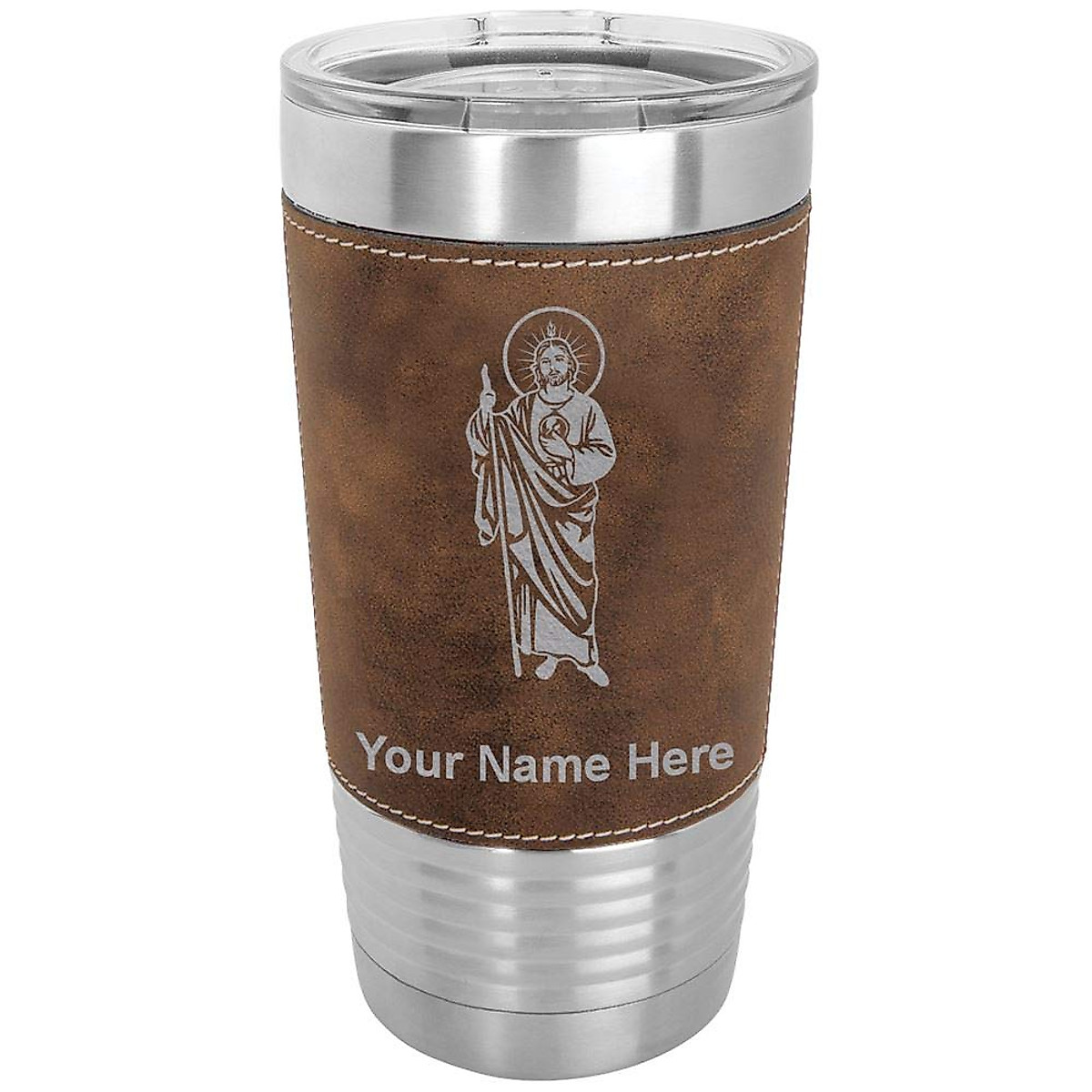 LaserGram 20oz Vacuum Insulated Tumbler Mug, Saint Jude, Personalized Engraving Included (Faux Leather, Rustic)