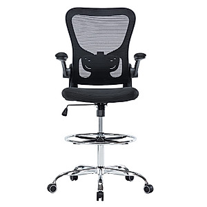 Hramk Ergonomic Office Drafting Desk Chair with Flip up Arms, Mesh Back Tall Office Chair with Adjustable Lumbar Support and Foot Ring (Metal Wheelbase, Black)