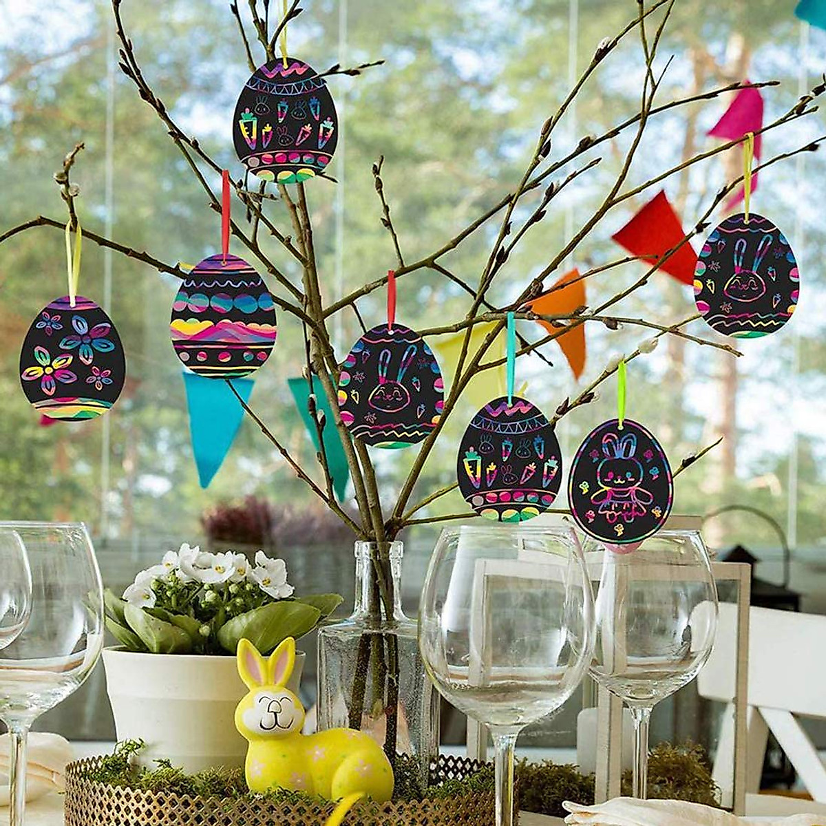 Easter Scratch Paper, 24PCS Easter Egg Scratch Paper Rainbow Art Set for Easter Day Ornaments Hanging Craft