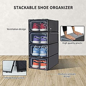 Hrrsaki 15 Pack Foldable Shoe Storage Boxes, Black Plastic Stackable Shoe Organizer Boxes with Front Opening Lids, Ventilation and Dust-proof, Shoe Container Boxes for Closet, Bedroom, Bathroom, Fit for Women/Men Size 9(13” x 9” x 5.5”)