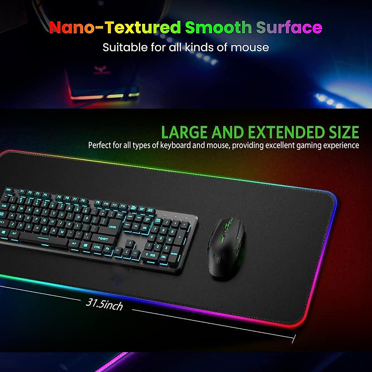 Wireless Charging RGB Gaming Mouse Pad, LED Mouse Pad 780x300x3MM, 14 Light Modes Extra Large Mousepad Non-Slip Rubber Base RGB Desk Mat for Gaming, MacBook, PC, Laptop, Desk