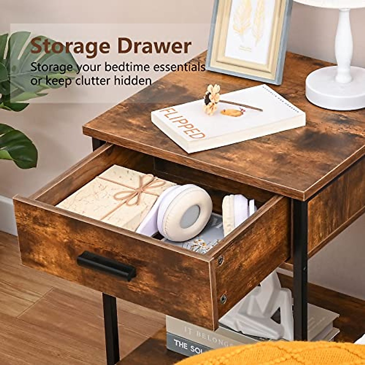 Iwell Nightstands Set of 2, End Table, Side Table, Bedside Table with Drawer and Storage Shelf for Bedroom, Small Space, Easy Assembly, Steel, Industrial Design, Rustic Brown