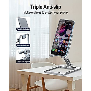 Folding Cell Phone Stand, Adjustable Desktop Phone Holder Dock Compatible with Phone 14 13 12, Plus, Pro, Pro Max, Samsung Galaxy S22 S10, 4-10 inch Tablet (Silver)