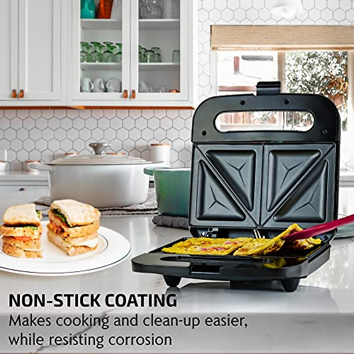Ovente Electric Sandwich Maker with Non-Stick Plates, 750W Indoor Grill Kitchen or Dorm Essentials Easy to Clean and Storage, Perfect for Breakfast Grilled Cheese Egg Bacon and Steak, Black GPS401B