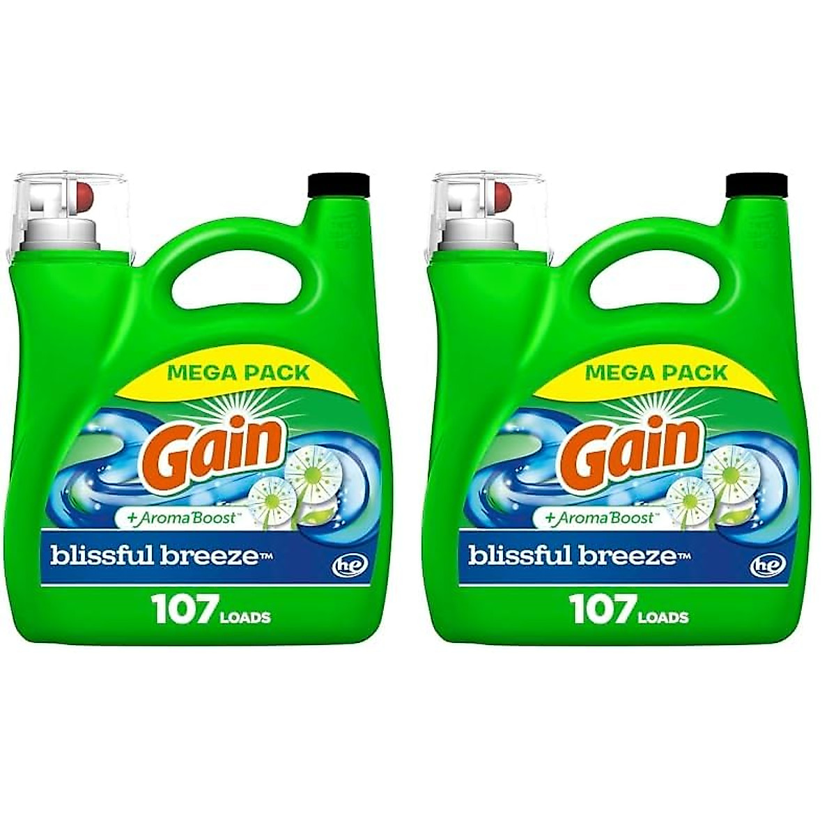 Gain + Aroma Boost Liquid Laundry Detergent, Blissful Breeze Scent, 107 Loads, 154 fl oz, HE Compatible (Pack of 2)