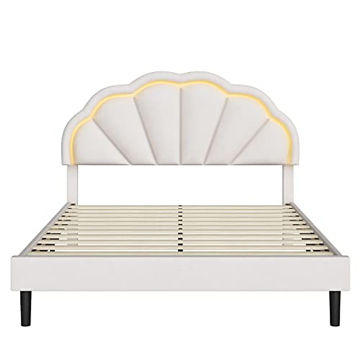 HIFIT Queen Upholstered Smart LED Bed Frame with Adjustable Elegant Flowers Headboard, Platform Bed Frame Queen Size with Wooden Slats Support, No Box Spring Needed, Easy Assembly, Beige