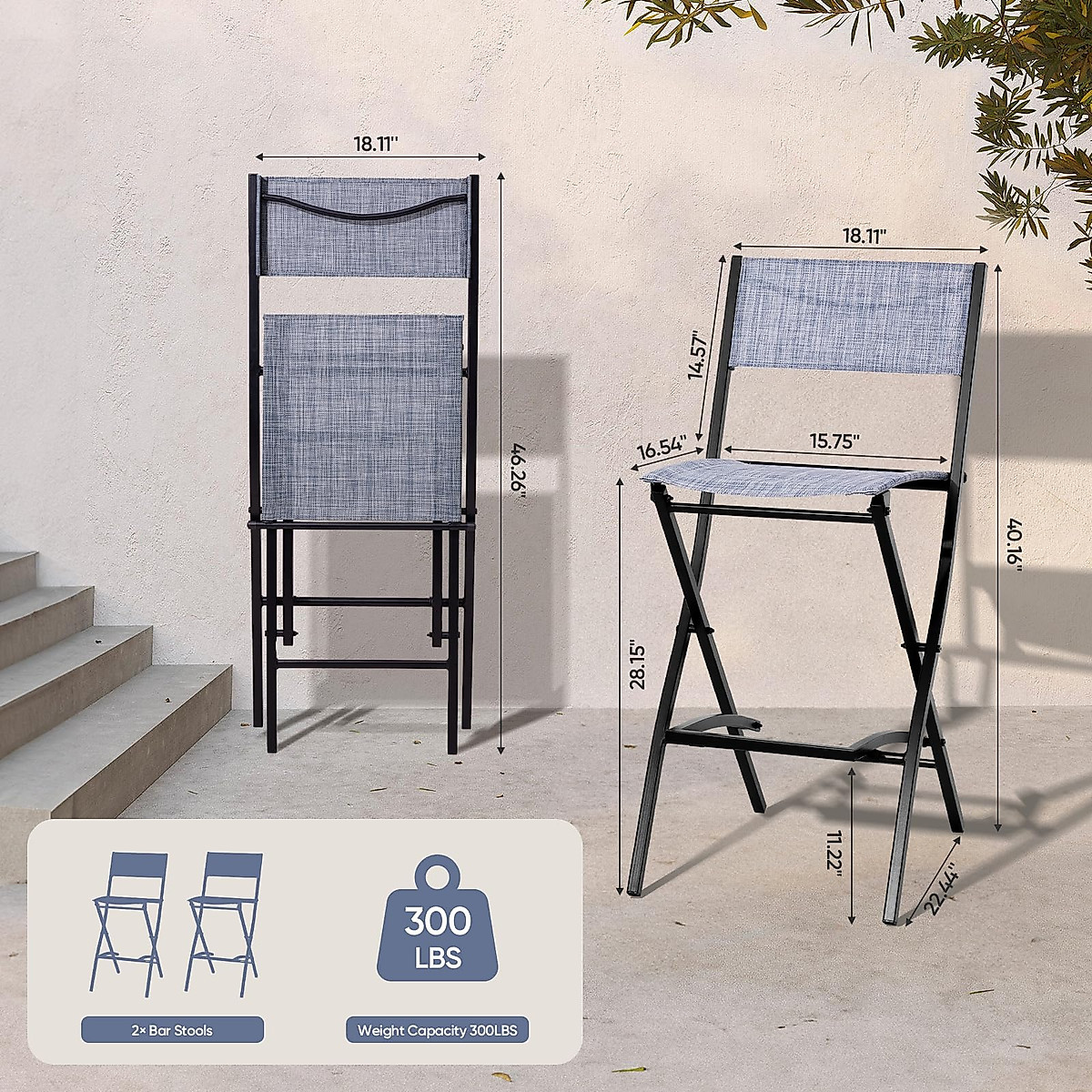 Outdoor Patio Bar Stools Set of 2, Folding Counter Height Stool with Footrest and Heavy-duty Metal Frame, Outdoor Bar Chairs with Breathable Textilene Fabric, Patio Bar Sets for Balcony, Poolside