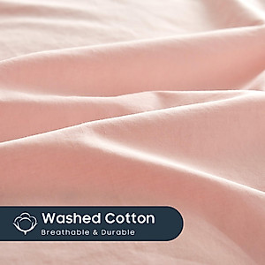 Wake In Cloud - Cotton Duvet Cover Set, Full Size, Light Blush Pink, 100% Washed Cotton, Linen Like Textured, Breathable Percale Durable Comfy Farmhouse Neutral Bedding Set, 3 Pieces