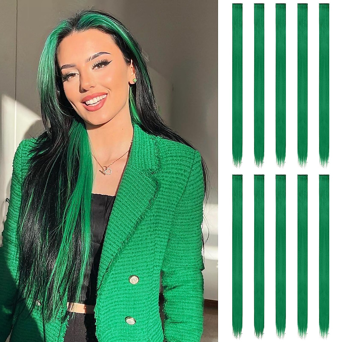 FESHFEN Green Clip in Hair Extensions Colored Hair Extension 10 PCS Highlight Hair Piece Straight Clip in Hairpieces for Women Christmas 22 inch
