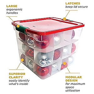 HOMZ 31 Quart Medium Clear Plastic Holiday Storage Container Bin with Latching Handles and Removable Ornament Dividers, (4 Pack)