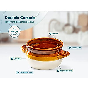 KooK French Onion Soup Crocks, Ceramic Make, Large Handles, Stoneware, Dishwasher, Microwave, Oven & Broil Safe 16oz Standard Capacity & 18oz Full Capacity