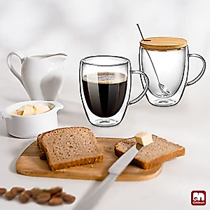 GMISUN Glass Coffee Cups, 2 Pack Double Wall Glass Coffee Mugs with Bamboo Lids, 12 Oz Clear Coffee Mug with Handle, for Ice Coffee/Tea/Hot Beverages/Cappuccino/Latte, Extra Spoons, Coaster