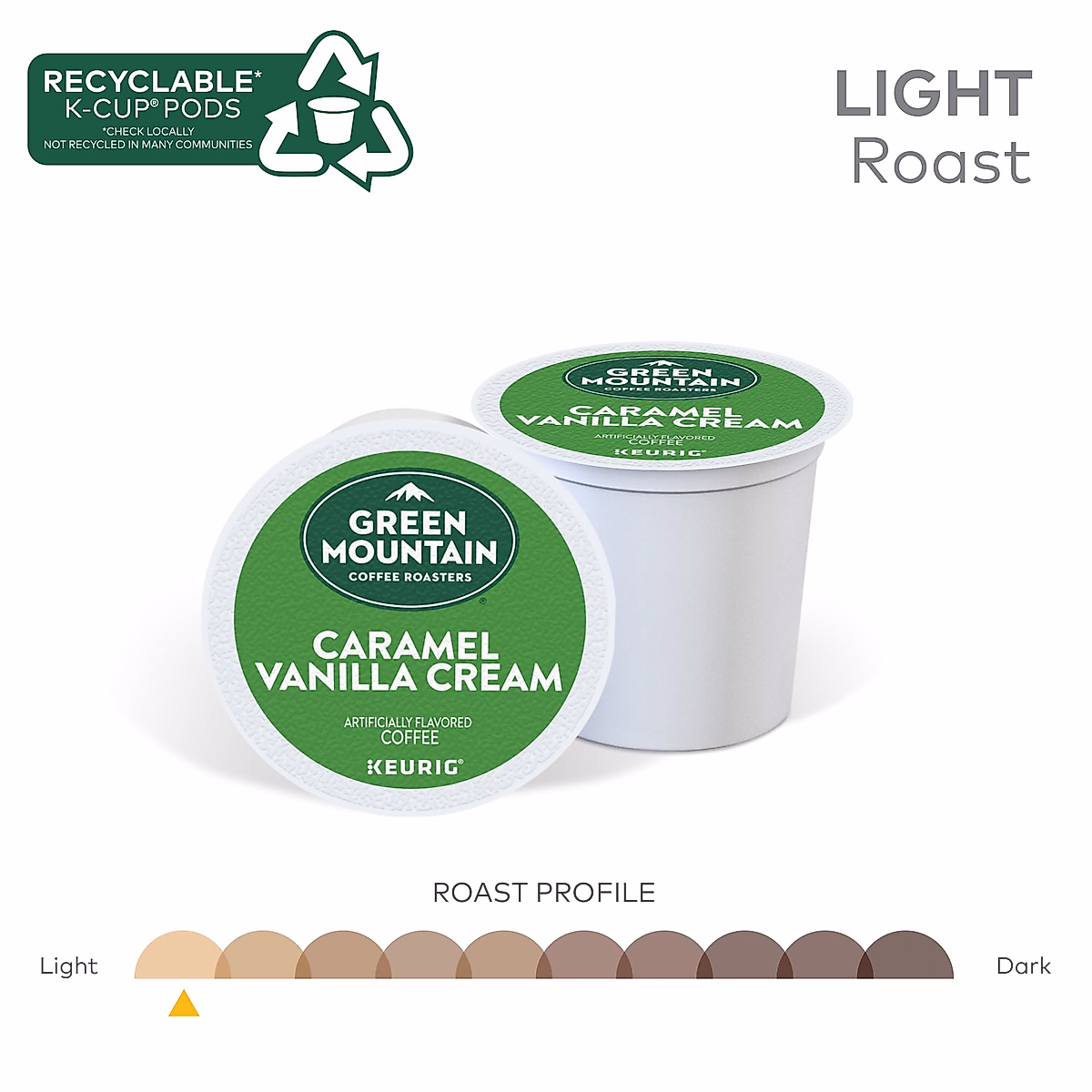 Green Mountain Coffee Roasters Caramel Vanilla Cream, Single-Serve Keurig K-Cup Pods, Flavored Light Roast Coffee, 12 Count (Pack of 6)