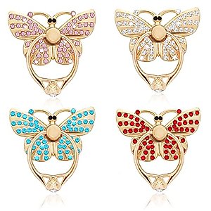 cobee Cell Phone Ring Holder Stands, 4 Pcs Butterfly Phone Ring Holders with Rhinestones Glitter Butterfly Finger Kickstand Metal Hand Grip with Knob Loop 180°/360° Rotation Kickstands(4 Colors)
