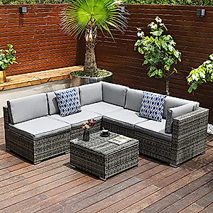 YITAHOME 6 Pieces Patio Furniture Set, Outdoor Sectional Sofa PE Rattan Wicker Conversation Set Outside Couch with Table and Cushions for Porch Lawn Garden Backyard, Grey