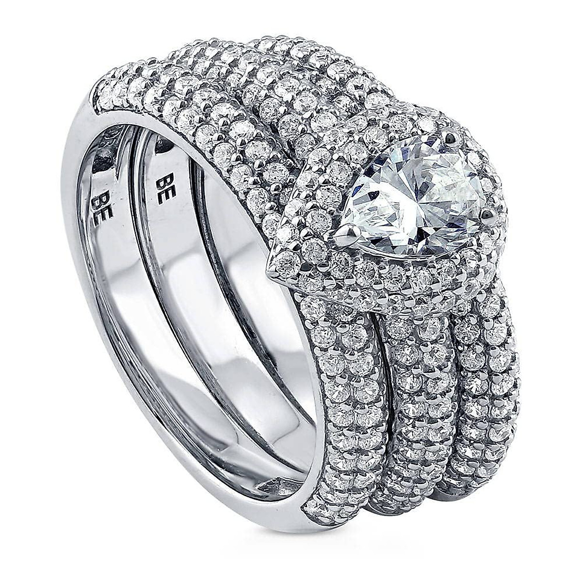 BERRICLE Sterling Silver Halo Wedding Engagement Rings Pear Cut Cubic Zirconia CZ Statement Ring Set for Women, Rhodium Plated Size 5