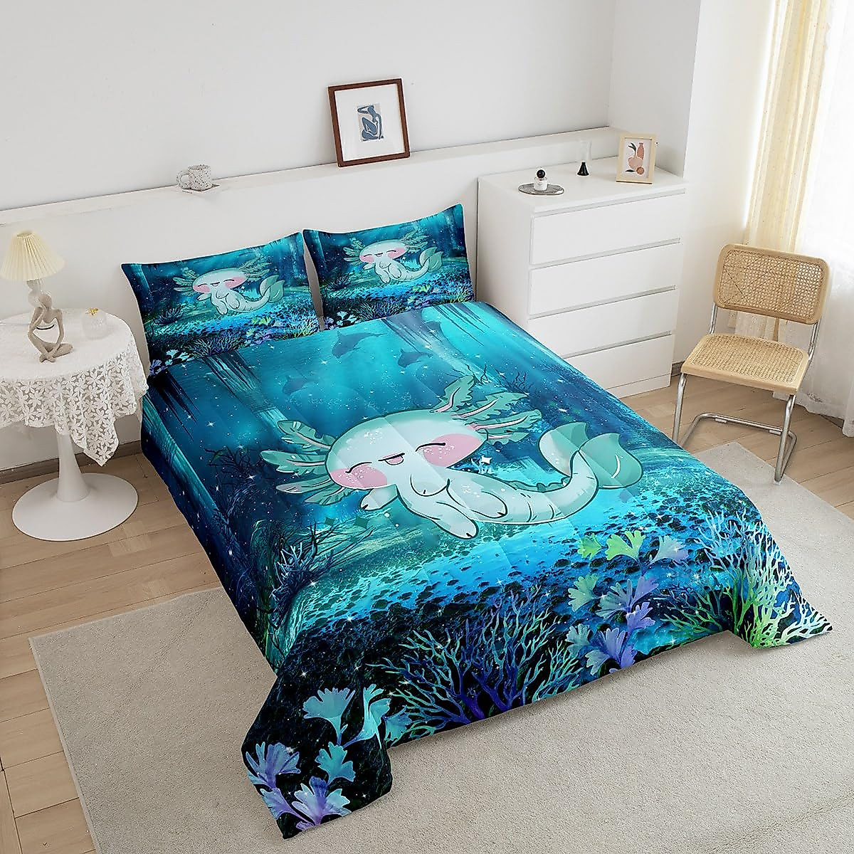 Manfei Cartoon Axolotl Twin Size Comforter Set,Cute 3D Ocean Animal Quilt Set Soft Bed Collection,Blue Seaweed Plant Bedding Comforter for Boys Girls Kawaii Bedroom Decor,2 Pcs