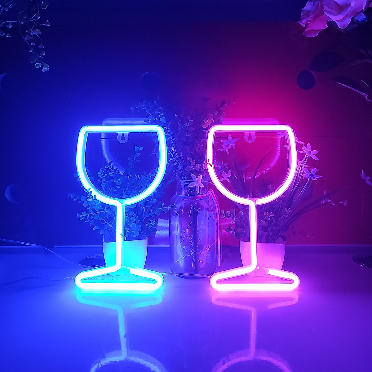 JYWJ Wine Glass Neon Sign,USB or 3-AA Battery Powered Neon Light,LED Table Decoration,Bedroom Wall Decoration,Birthday Gift,Wedding Supplies Business Gift(Pink)
