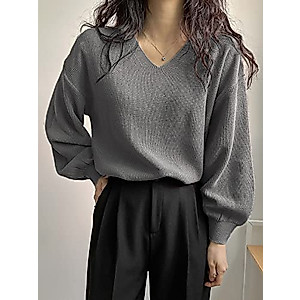 SweatyRocks Women's Lantern Long Sleeve Drop Shoulder Sweater V Neck Ribbed Knit Pullover Top Dark Grey S